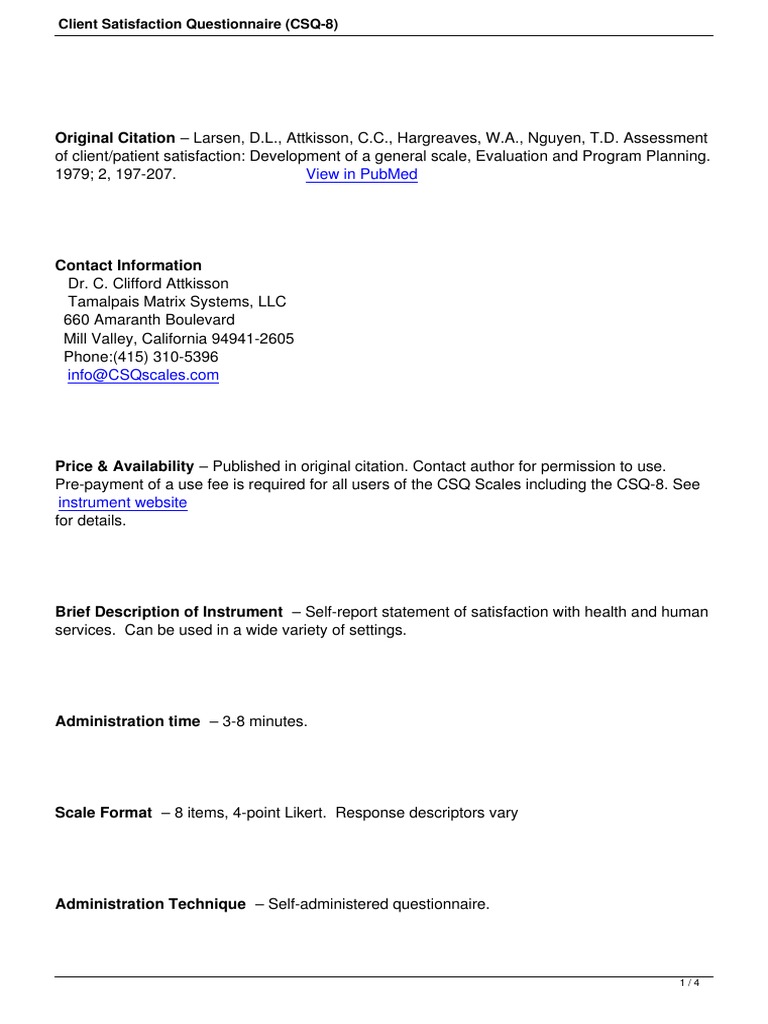 Client Satisfaction Questionnaire Csq 8 Pdf Mental Health Evaluation