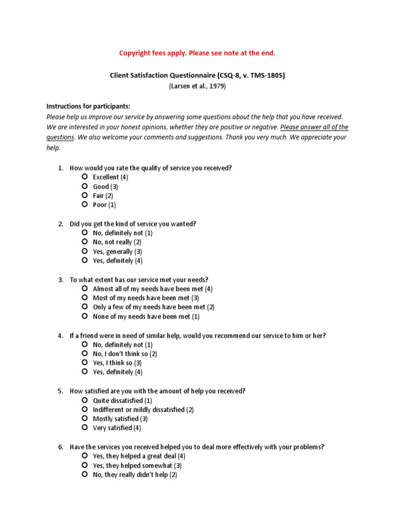 Client Satisfaction Questionnaire Csq 8 V Tms 180s Instructions