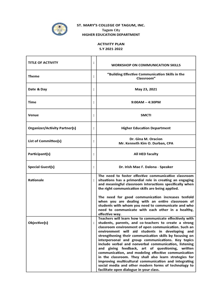 Activity-Plan-Communication Skills For Teachers | PDF | Communication ...