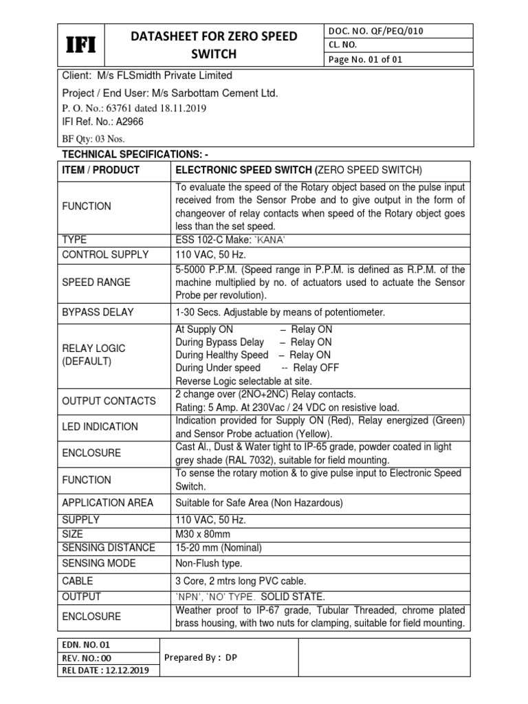 Datasheet - Zero Speed Switch - KANA - R0. | PDF | Relay | Switch