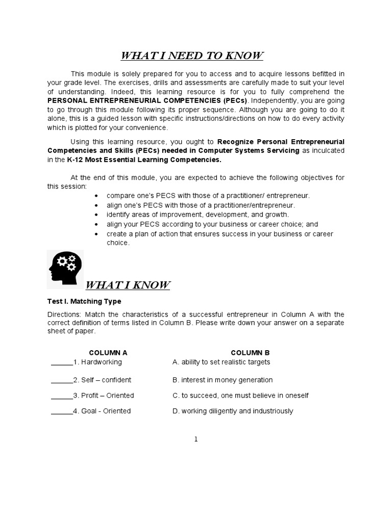 Grade 9 CSS Module 1 Week 1-2 | PDF | Entrepreneurship | Goal