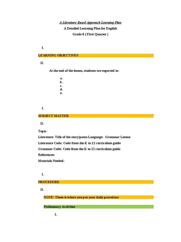 A Literature-Based Approach Learning Plan | PDF | Language Mechanics ...