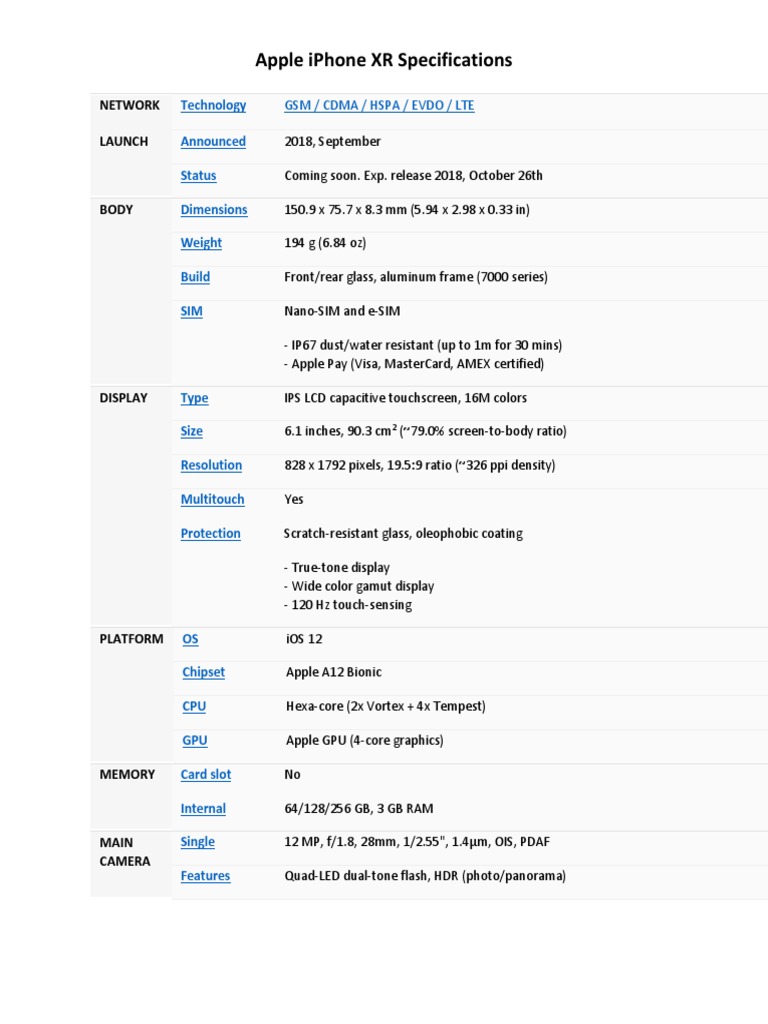 Apple Iphone XR Specifications: Network Launch | PDF | I Phone | Apple Inc.
