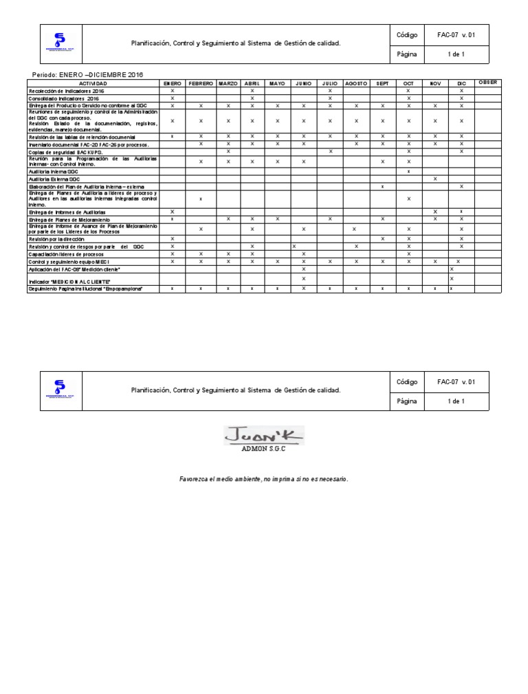 FAC-07 V 01 PLANIFICACION, CONTROL Y SEGUIMIENTO AL SGC (Modelo) | PDF ...