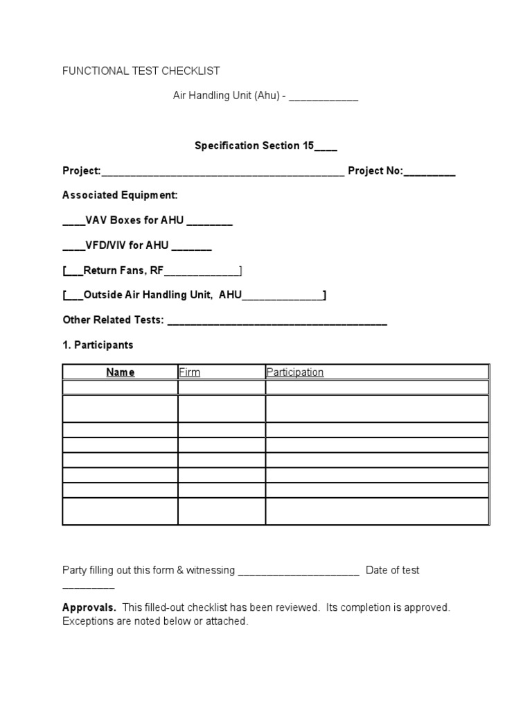 Functional Test Checklist Air Handling Unit (Ahu) | Download Free PDF ...