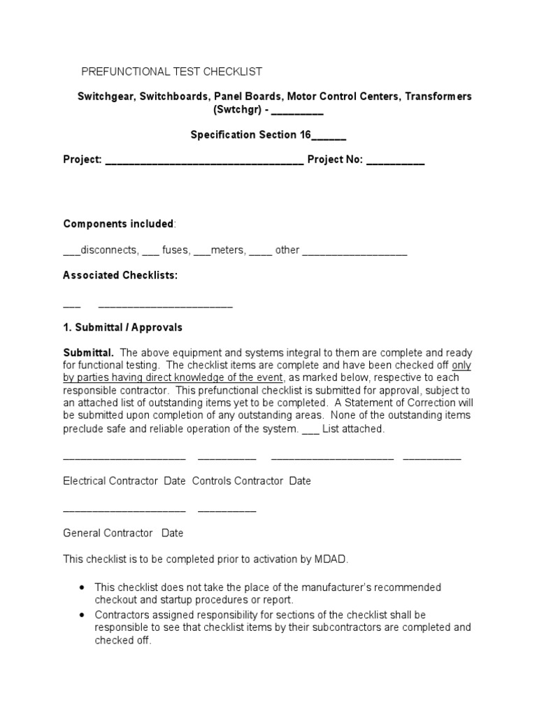 Prefunctional Testing Checklist | PDF | Fuse (Electrical) | Power ...