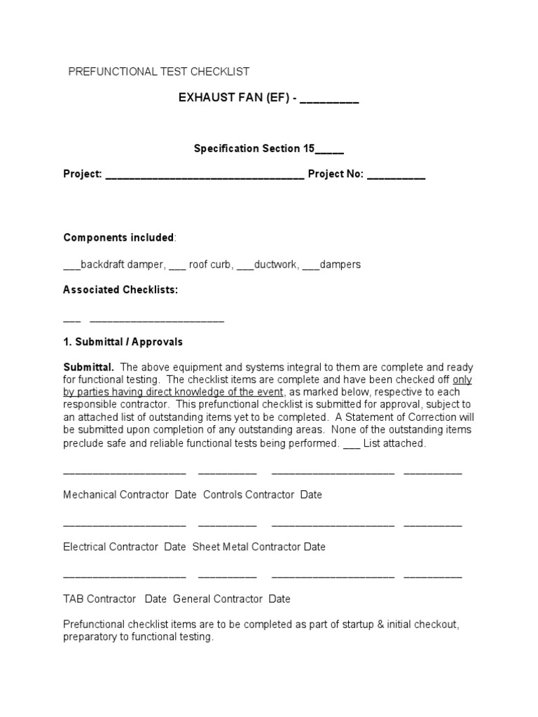 Exhaust Fan Prefunctional Checklist | PDF | Duct (Flow) | Calibration
