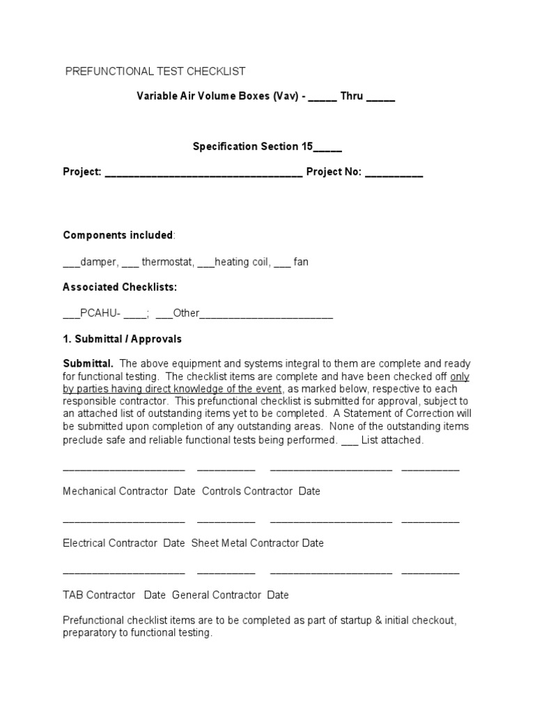 Prefunctional Test Checklist-12 - Vav | PDF | Thermostat | Calibration