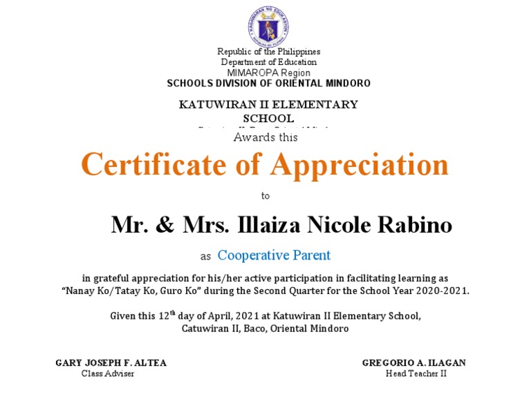 Certificate of Appreciation For Cooperative Parent | PDF