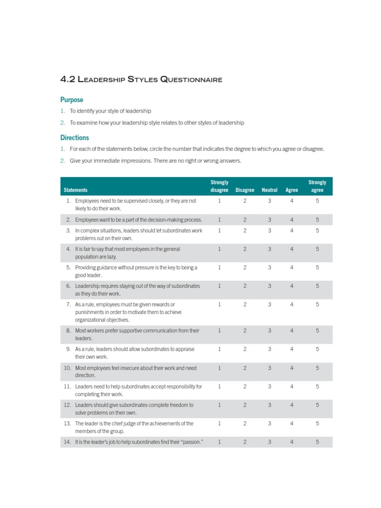 4.2 Leadership Styles Questionnaire | PDF | Leadership | Psychology