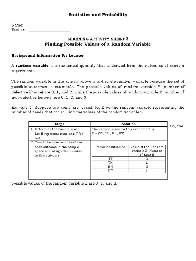 Statistics and Probability 12 LAS 3 | PDF | Random Variable | Applied ...