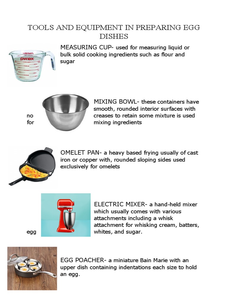 Tools and Equipment in Preparing Egg Dishes | PDF | Pasta | Kitchen Utensil