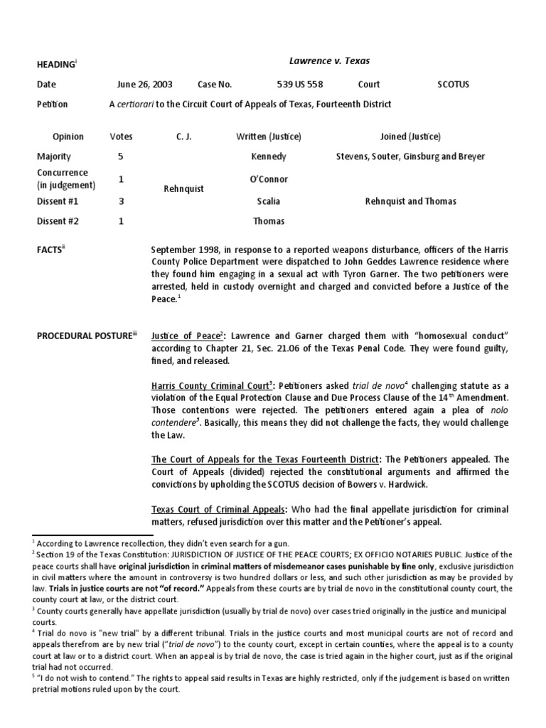 Lawrence v. Texas - Case Brief | PDF | Lawrence V. Texas | Fourteenth ...