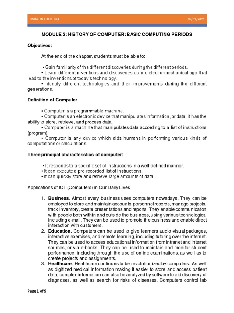 Module 2: History of Computer: Basic Computing Periods Objectives | PDF | Computing | Computer ...
