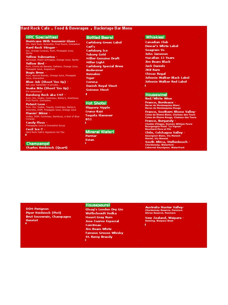Hard Rock Cafe Food & Beverages Backstage Bar Menu | PDF | Alcoholic ...