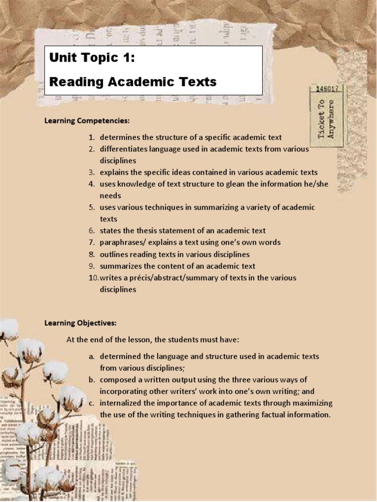 Unit Topic 1: Reading Academic Texts: Learning Competencies | PDF ...