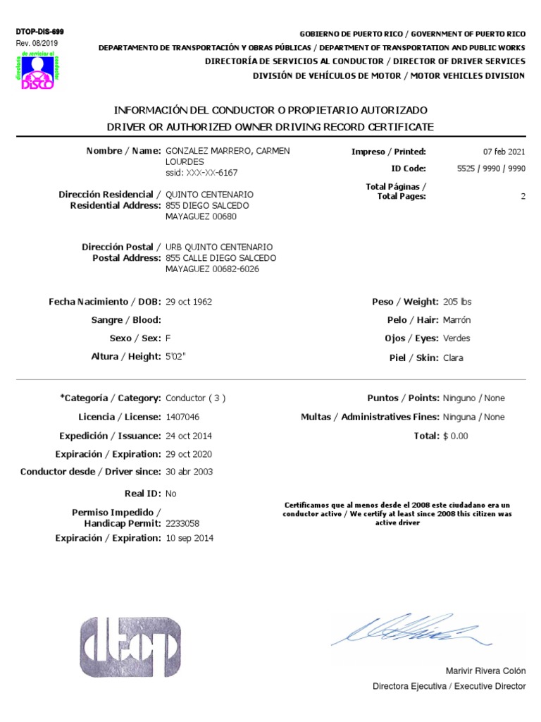 Informe de Conductor DTOP-DIS-699 | PDF