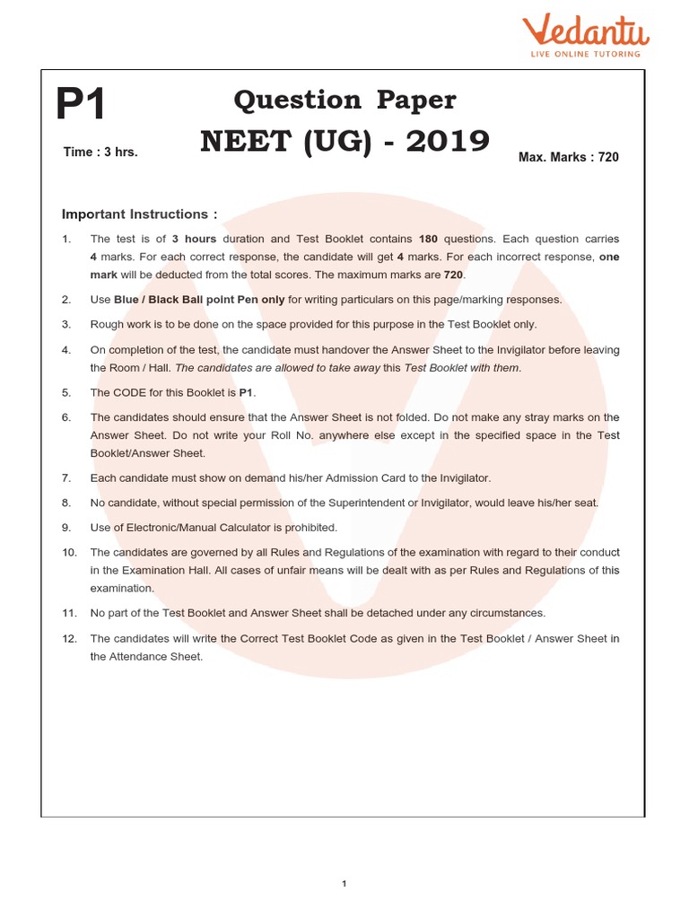 NEET (UG) 2019 Exam Instructions and Guidelines | PDF | Rotation Around ...