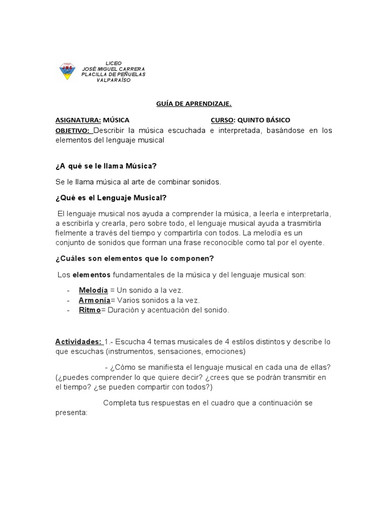 Guía de Aprendizaje en Música 5° Básico | PDF | Melodía | Cognición