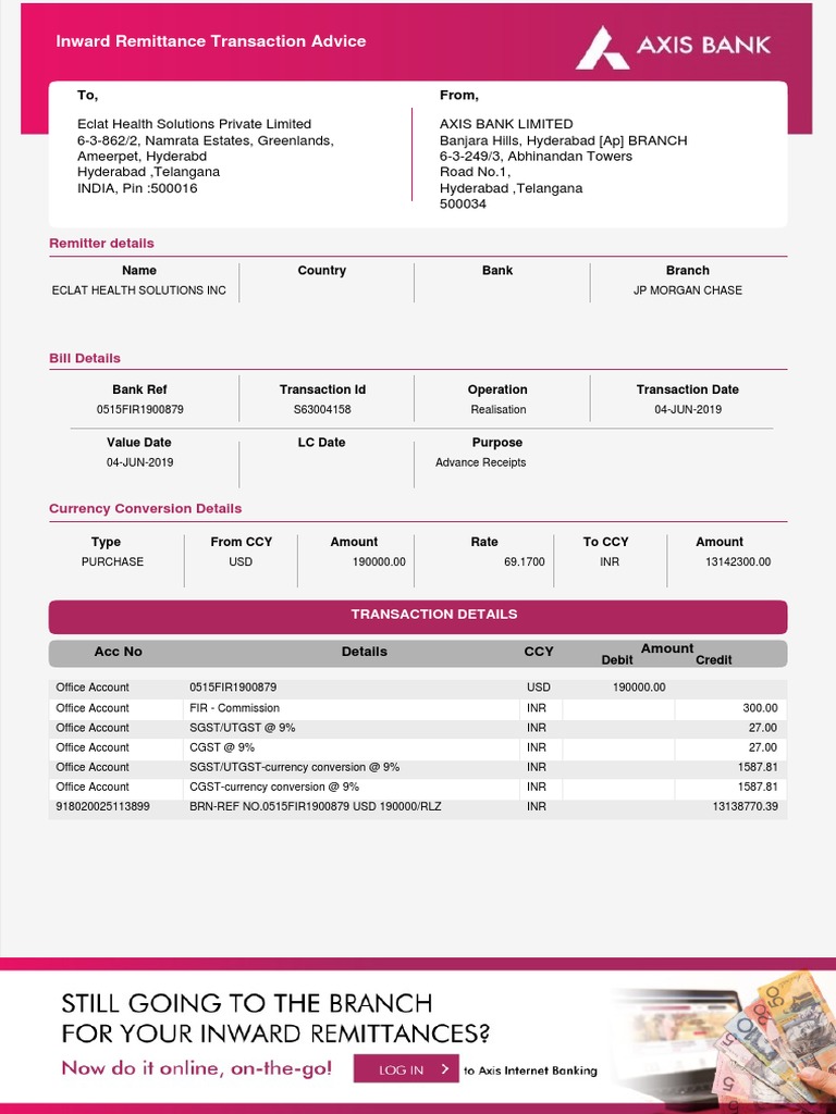 Inward Remittance Transaction Advice: To, From | PDF | Financial ...