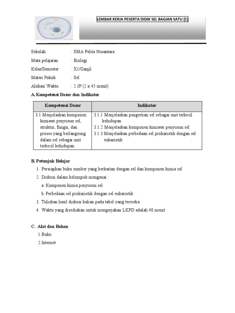 LKPD Biologi: Pengenalan Sel Kelas XI | PDF