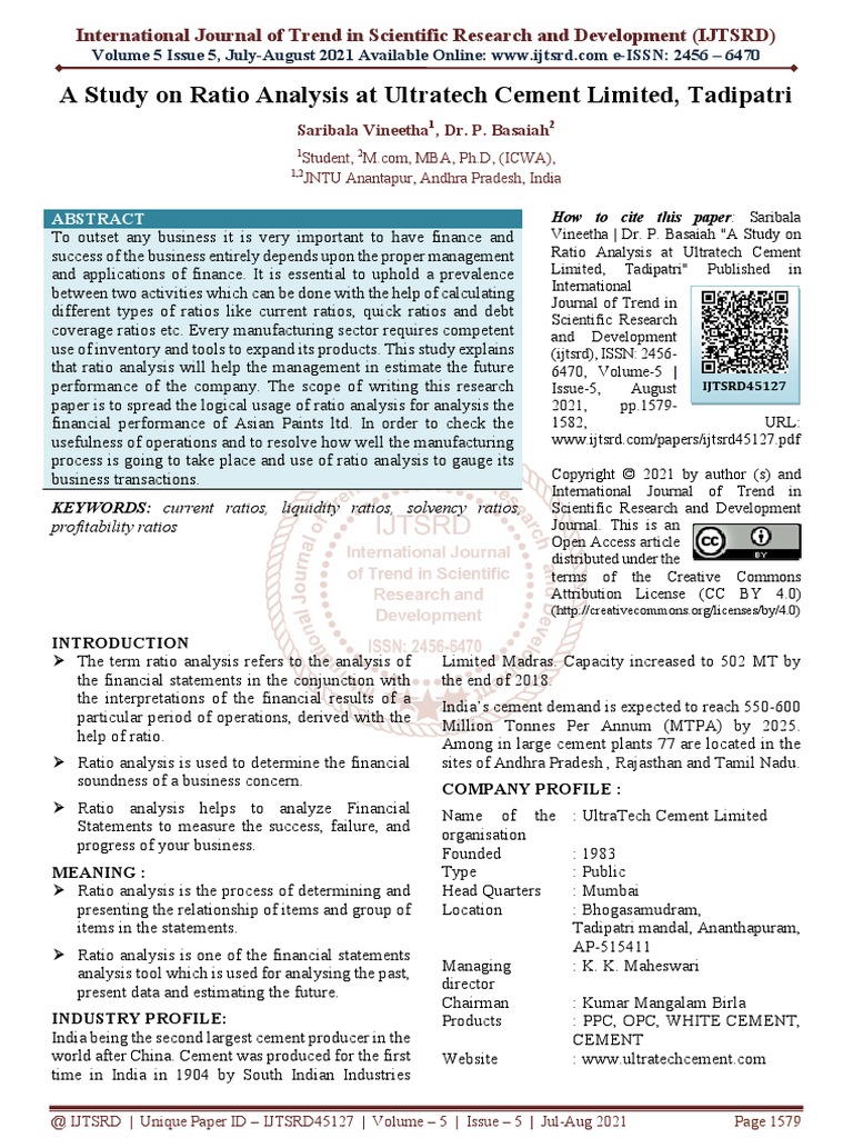 A Study On Ratio Analysis at Ultratech Cement Limited, Tadipatri | PDF ...