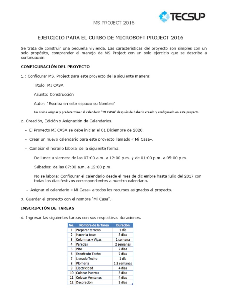 Ejercicios MS Project | PDF | Calendario