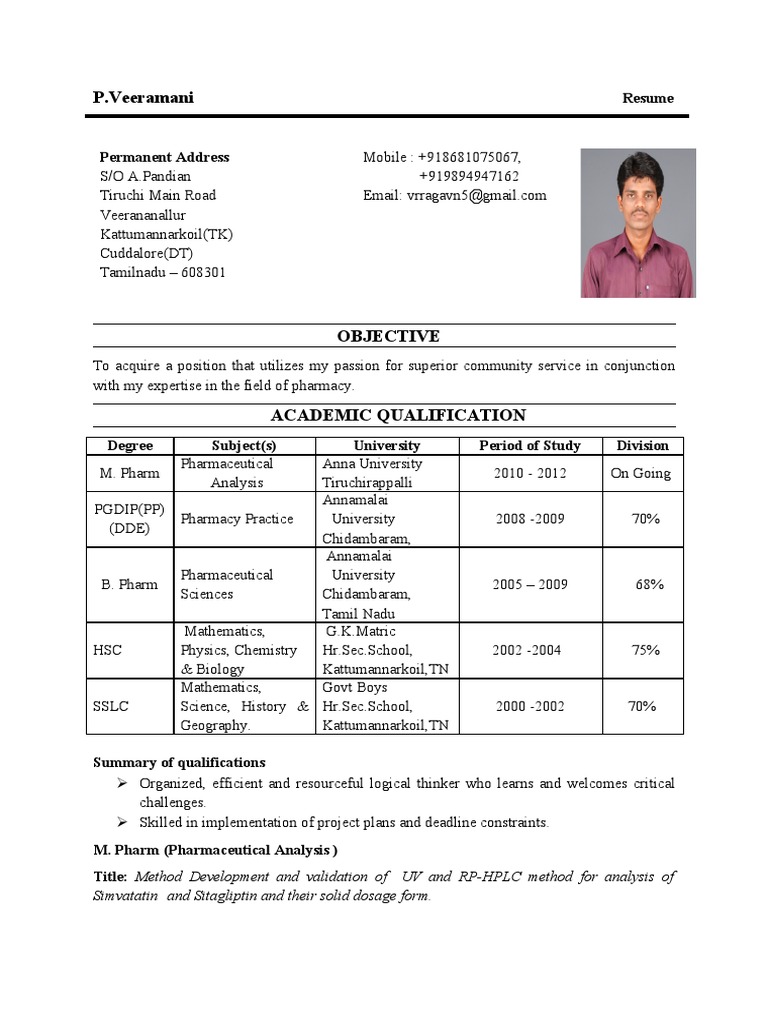 Veeramni M Pharm Resume | PDF | Pharmacy | Pharmaceutical Sciences
