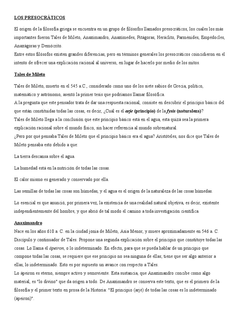 Presocraticos | PDF | Metafísica | Teorías filosóficas