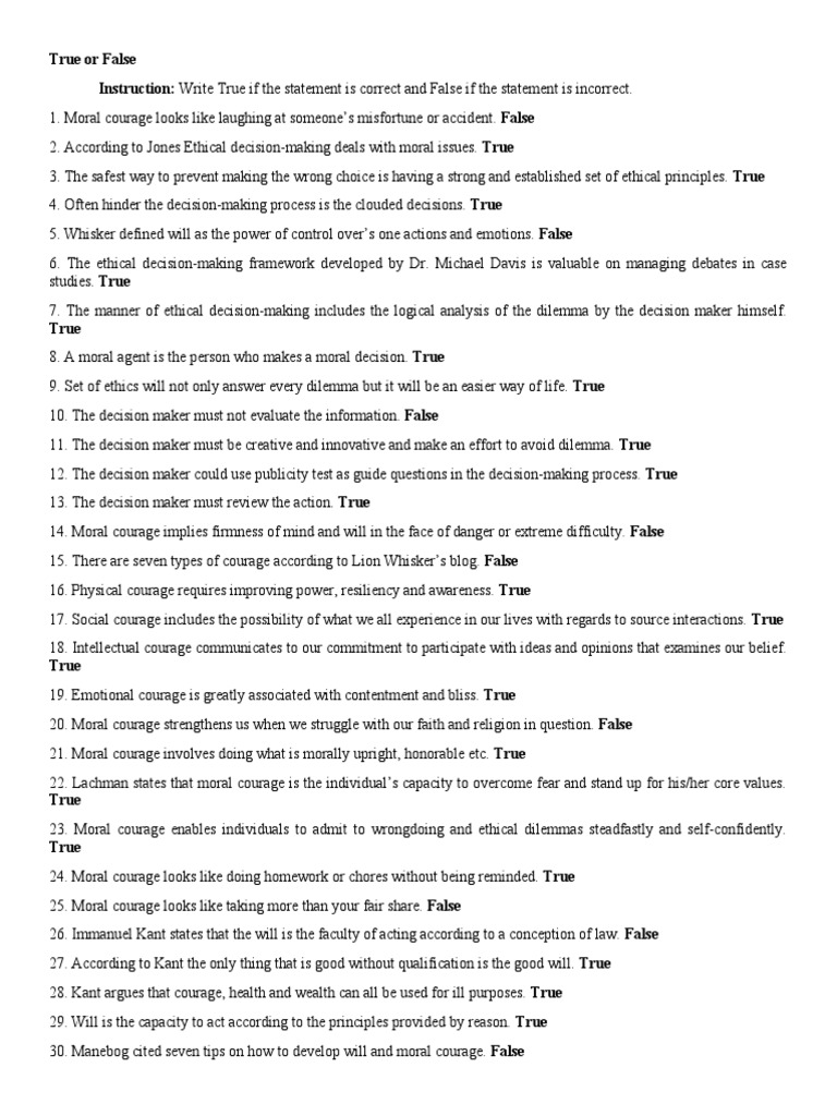 True or False Instruction: Write True If The Statement Is Correct and False If The Statement Is ...
