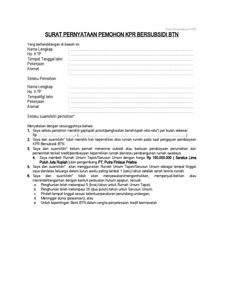 Form FLPP 2021 Dengan SBUM Bank BTN | PDF