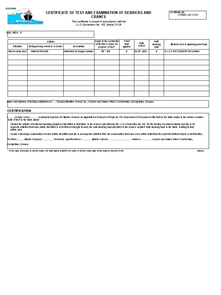 Certificate of Test and Examination of Derricks and Cranes | PDF ...