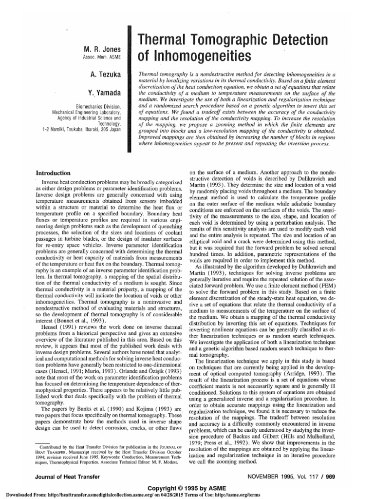Thermal Tomographic Detection of Inhomogeneities: M. R. Jones | PDF | Thermal Conductivity ...