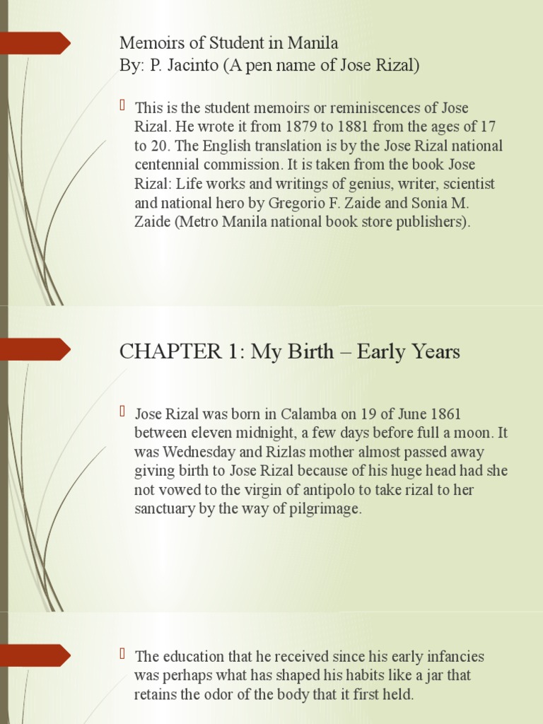 Memoirs of Student in Manila By: P. Jacinto (A Pen Name of Jose Rizal ...