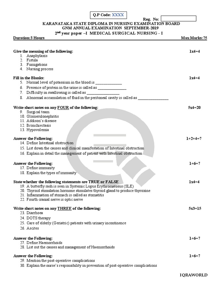 GNM 2nd Year Medical Surgical Nursing Exam | PDF | Surgery ...