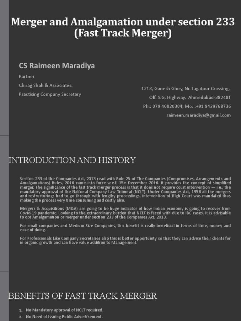 Merger and Amalgamation Under Section 233 (Fast Track Merger) | PDF ...