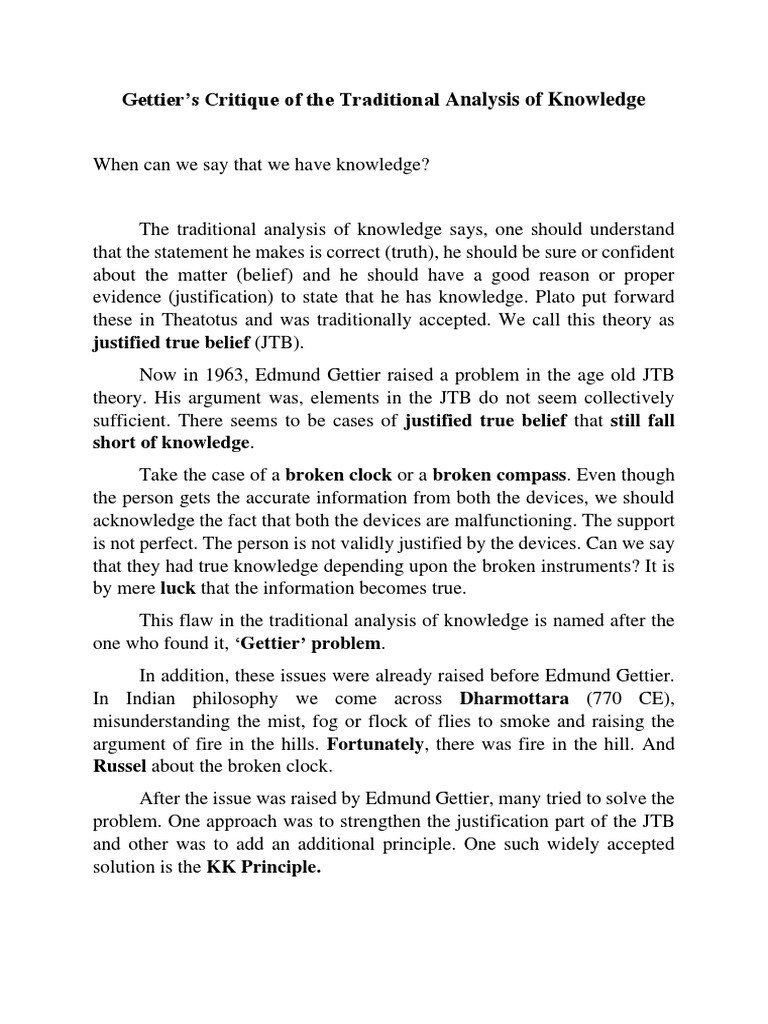 Gettier's Critique of The Traditional Analysis of Knowledge: Justified ...