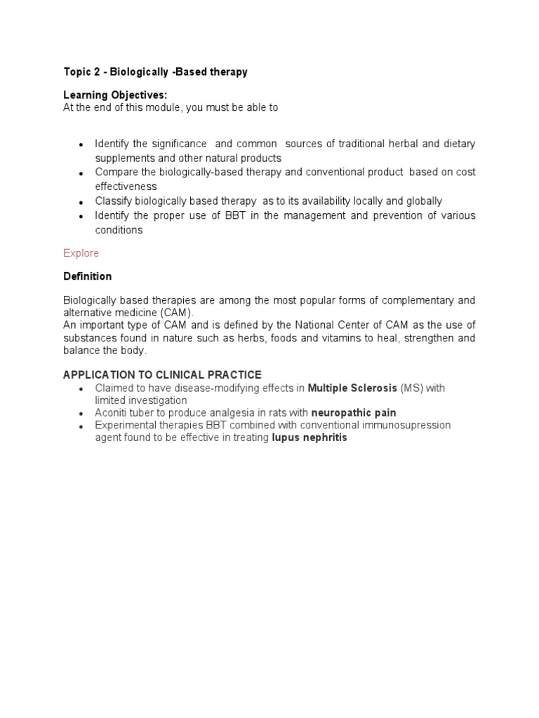 Topic 2 - Biologically - Based Therapy Learning Objectives:: Explore ...