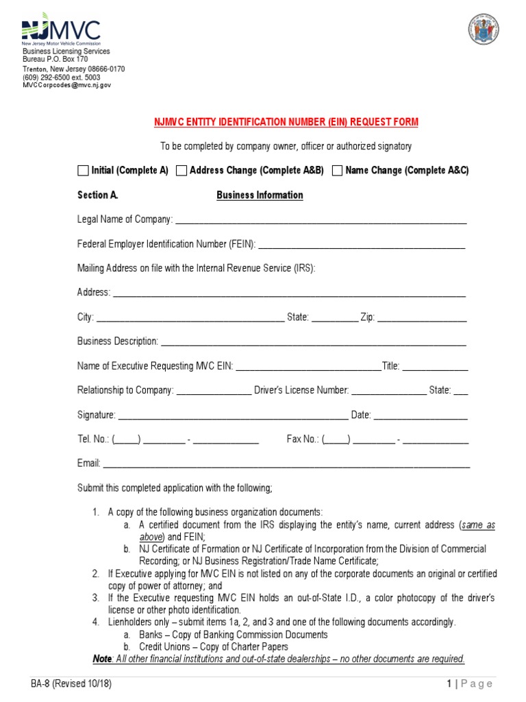 NJMVC Entity Identification Number (Ein) Request Form | PDF | Identity ...