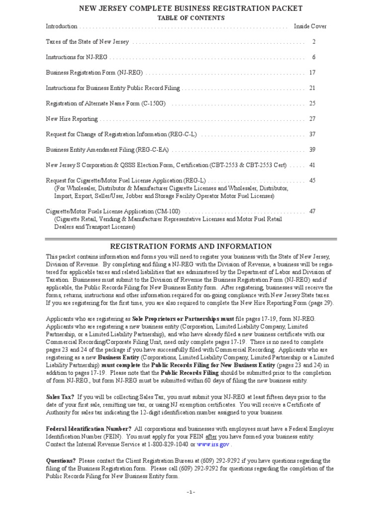 New Jersey Complete Business Registration Packet | PDF | Taxation In ...