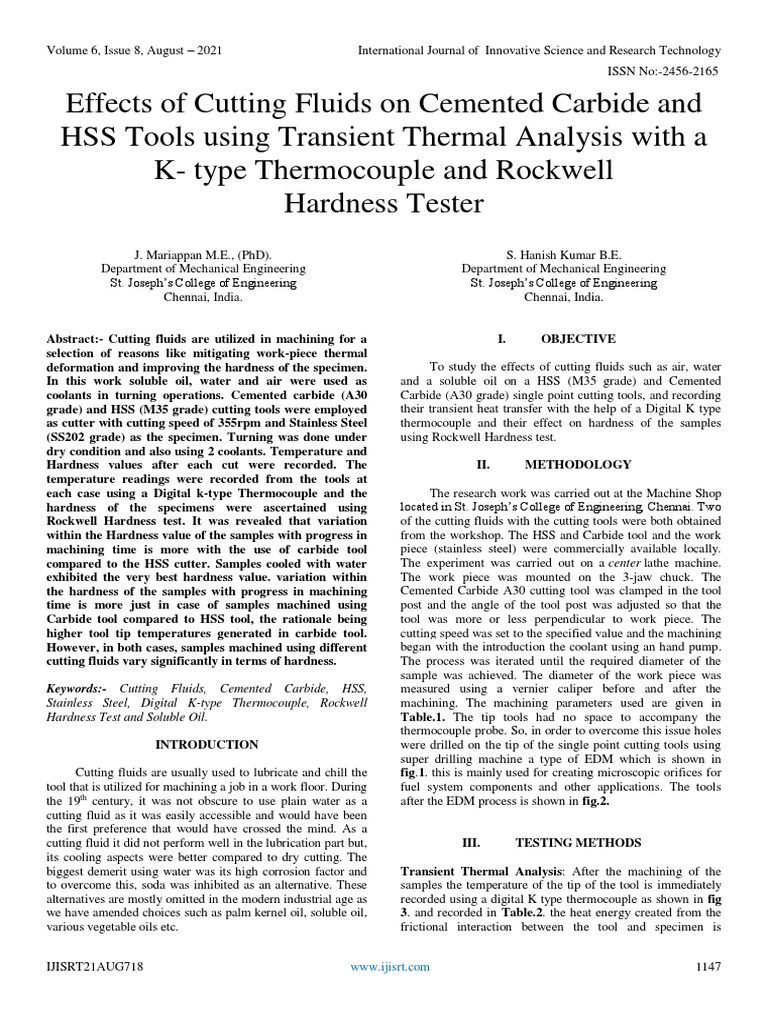 Effects Of Cutting Fluids On Cemented Carbide And Hss Tools Using
