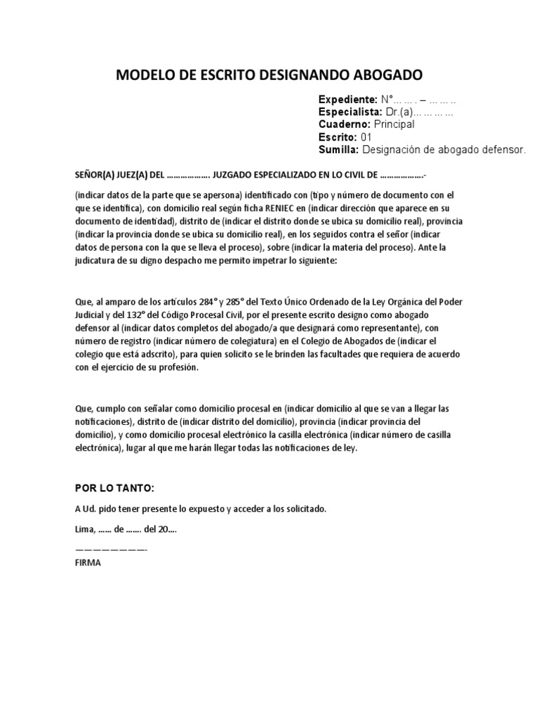 Modelo de Escrito Designando Abogado | PDF