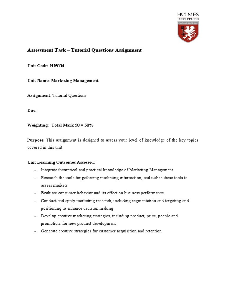 Assessment Task - Tutorial Questions Assignment: Unit Code: HI5004 | PDF | Market Segmentation ...
