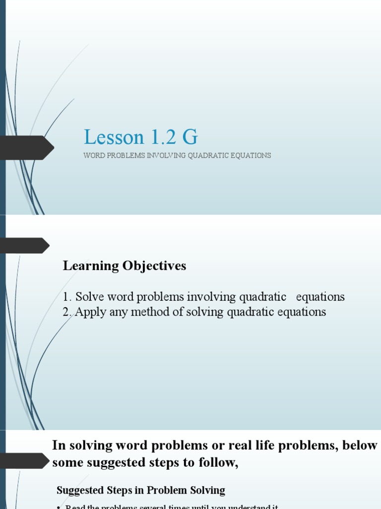 Lesson 1.2 G: Word Problems Involving Quadratic Equations | PDF ...