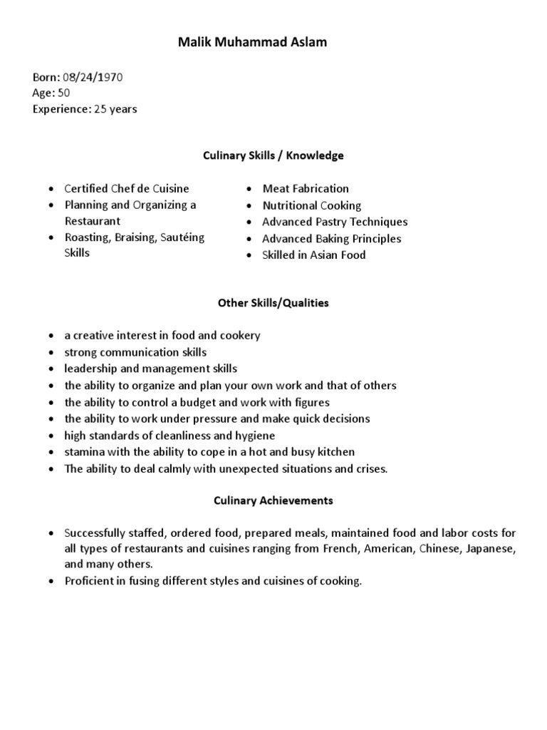 Profile of Chef Malik Muhammad Aslam | PDF | Cooking | Foods