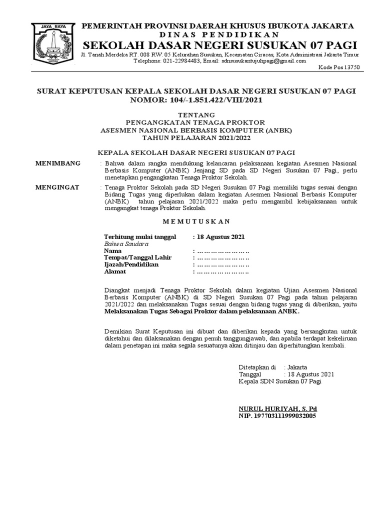 SK Dan Surat Tugas Proktor Dan Teknisi ANBK | PDF