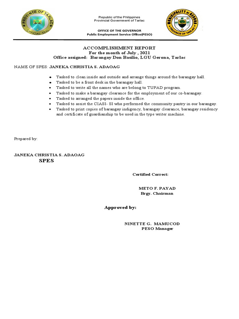 Accomplishment Report For The Month of July, 2021 Office Assigned ...