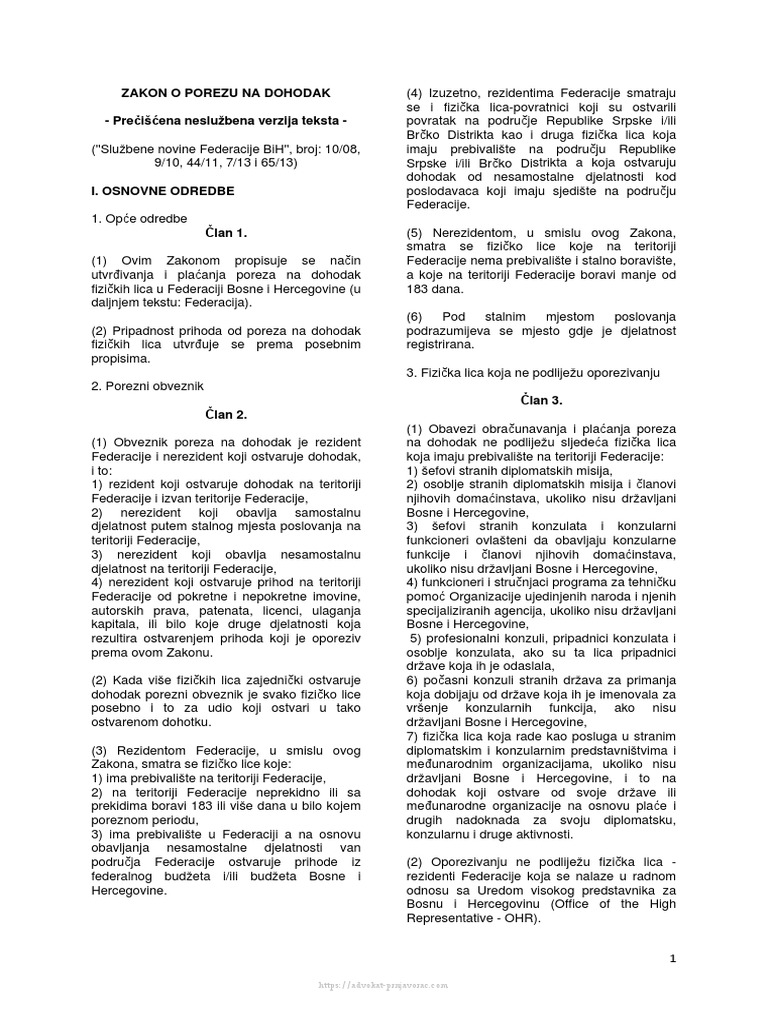 Zakon o Porezu Na Dohodak FBiH | PDF
