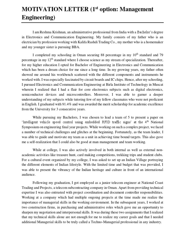 Motivation Letter | PDF | Engineering | Sustainability