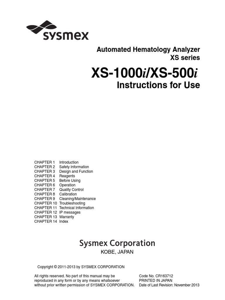 XS-1000i/XS-500i: Instructions For Use | PDF | Red Blood Cell | Infection